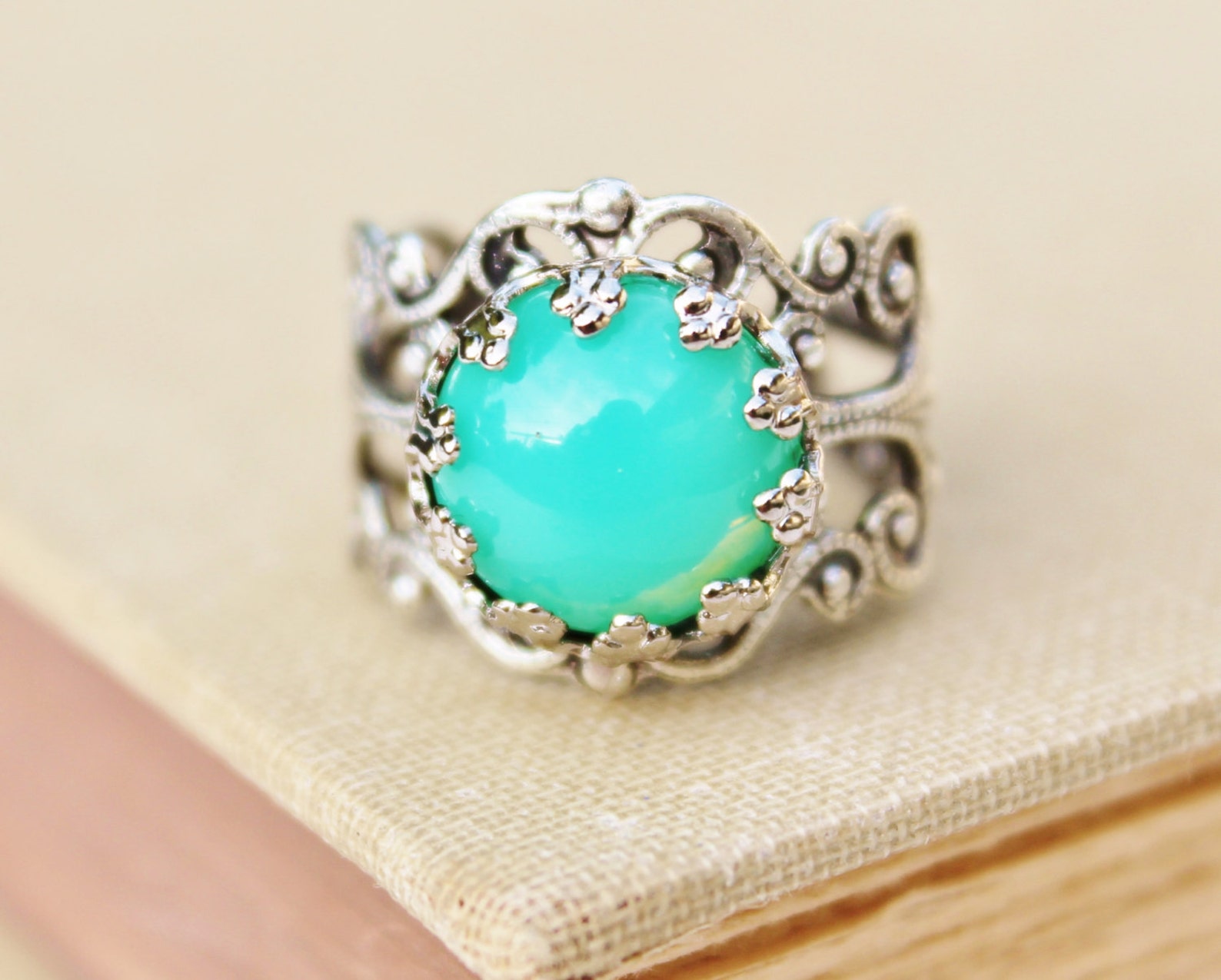 Vintage Green Opal Ring,minty Green Glass Opal,silver Filigree ...