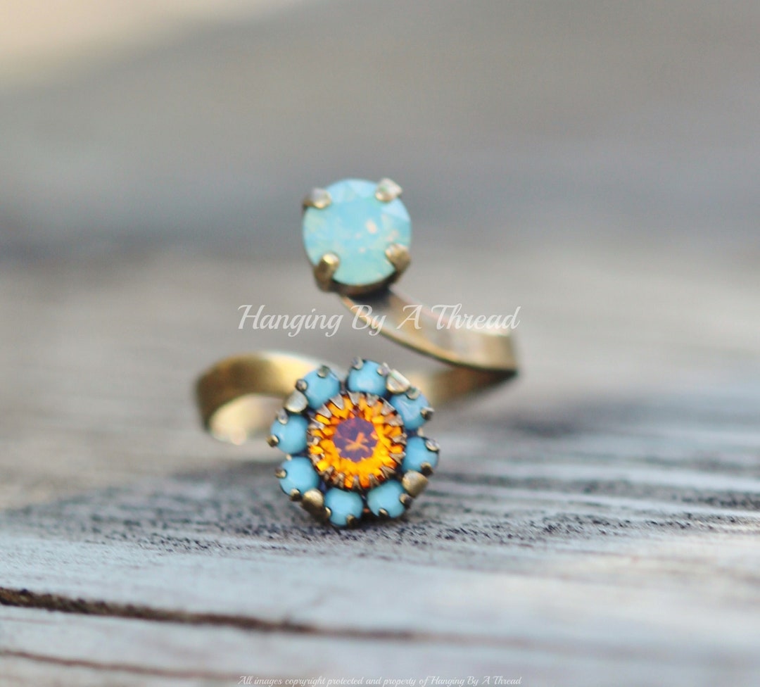 LIMITED Swarovski Turquoise Tangerine Flower Ring,two Stone Ring ...
