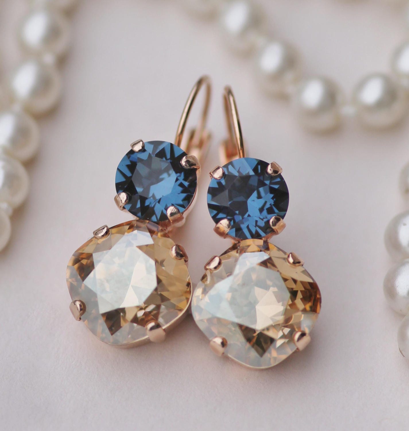 Montana Navy Blue Champagne Drop Earrings,swarovski Cushion Cut Earring ...