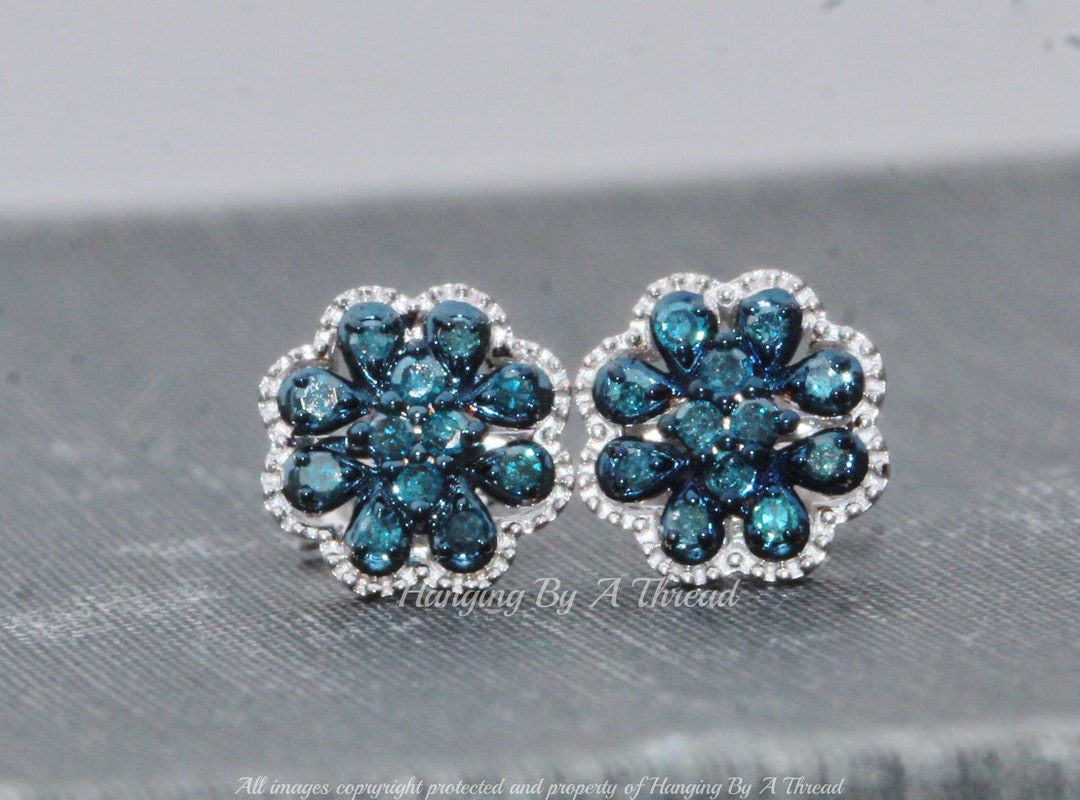 Genuine Blue Diamond Pave Stud Earring,small Blue Diamond Flower Post ...