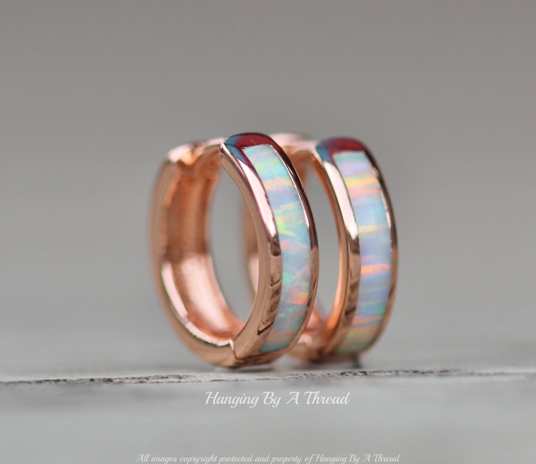 NEW Tiny White Opal Hoop Earrings,rose Gold Huggie Hoop,white Lab ...