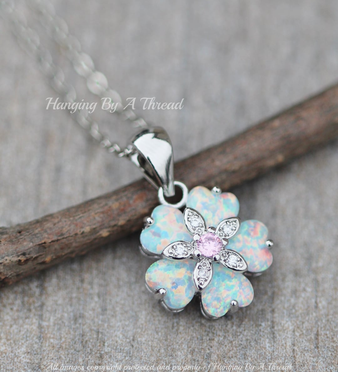 NEW White Opal Flower Pendant Necklace,silver White Rainbow Lab Created ...