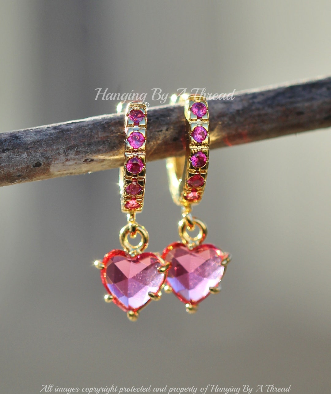 Tiny Fuchsia Pink Heart Hoops,small Gold Clear Huggie Hoop Earrings ...