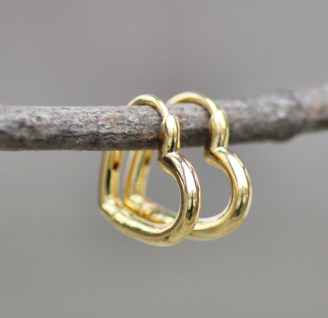 Small Gold Heart Hoop Earrings,small Gold One Touch Hoops,heart Shaped ...