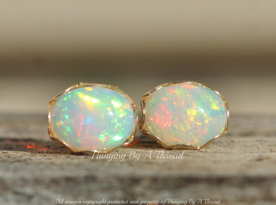 FLASHING Small Welo Opal Oval Stud Earrings,genuine Ethiopian Opal Gold ...