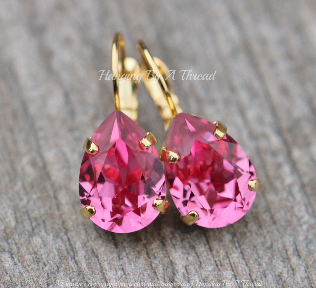 Rose Medium Bright Pink Crystal Rhinestone Earring,small Teardrop Pear ...