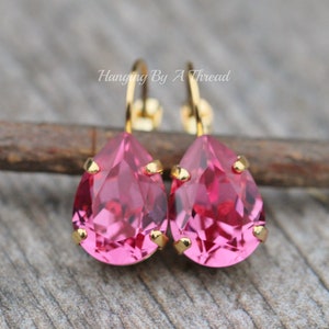 Rose Medium Bright Pink Crystal Rhinestone Earring,small Teardrop Pear ...