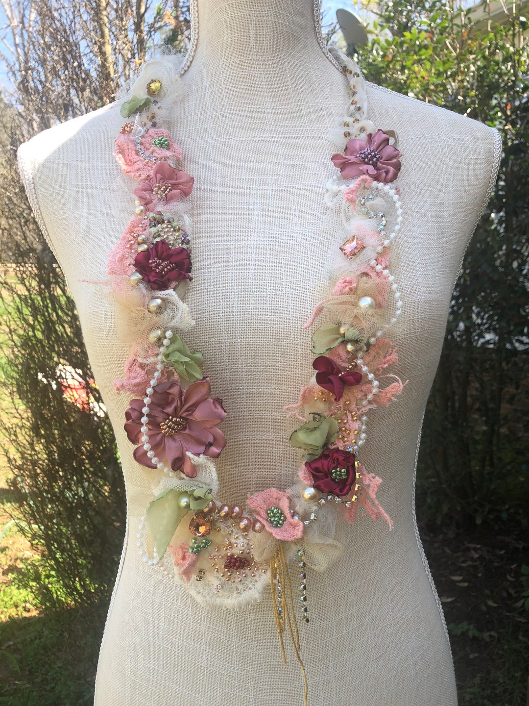 Long Embroidered Flowers Pink Necklace - Etsy