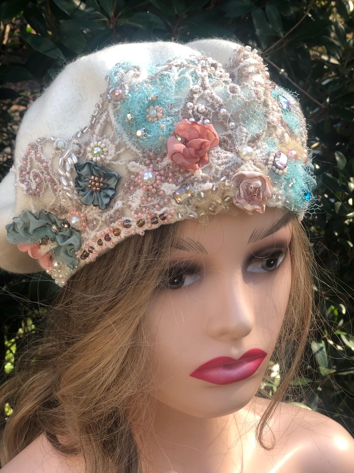 Bohemian Victorian Embroidered Flowers Hat White Crystal Benne - Etsy