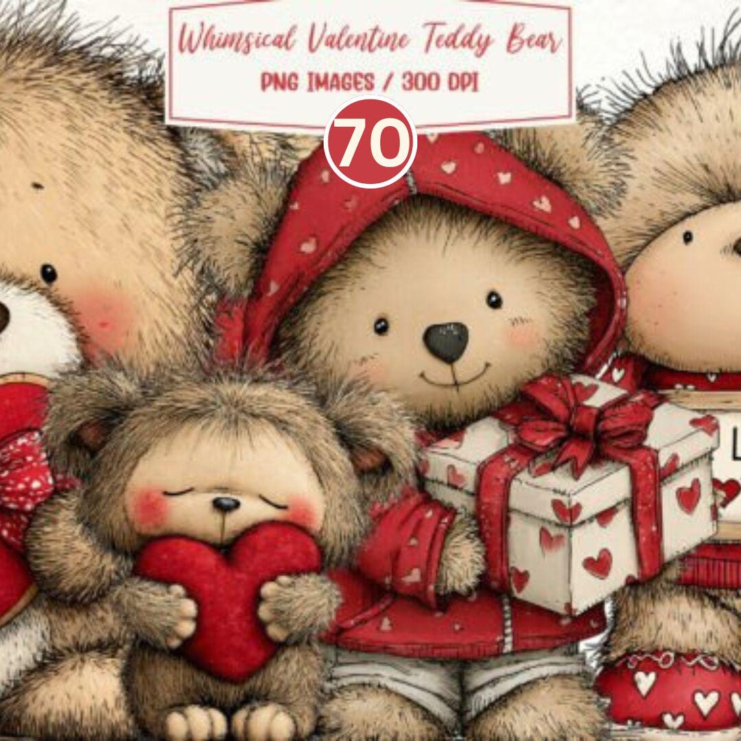 Watercolor Valentine Teddy Bears Clipart, 70 PNG Bundle (digital ...