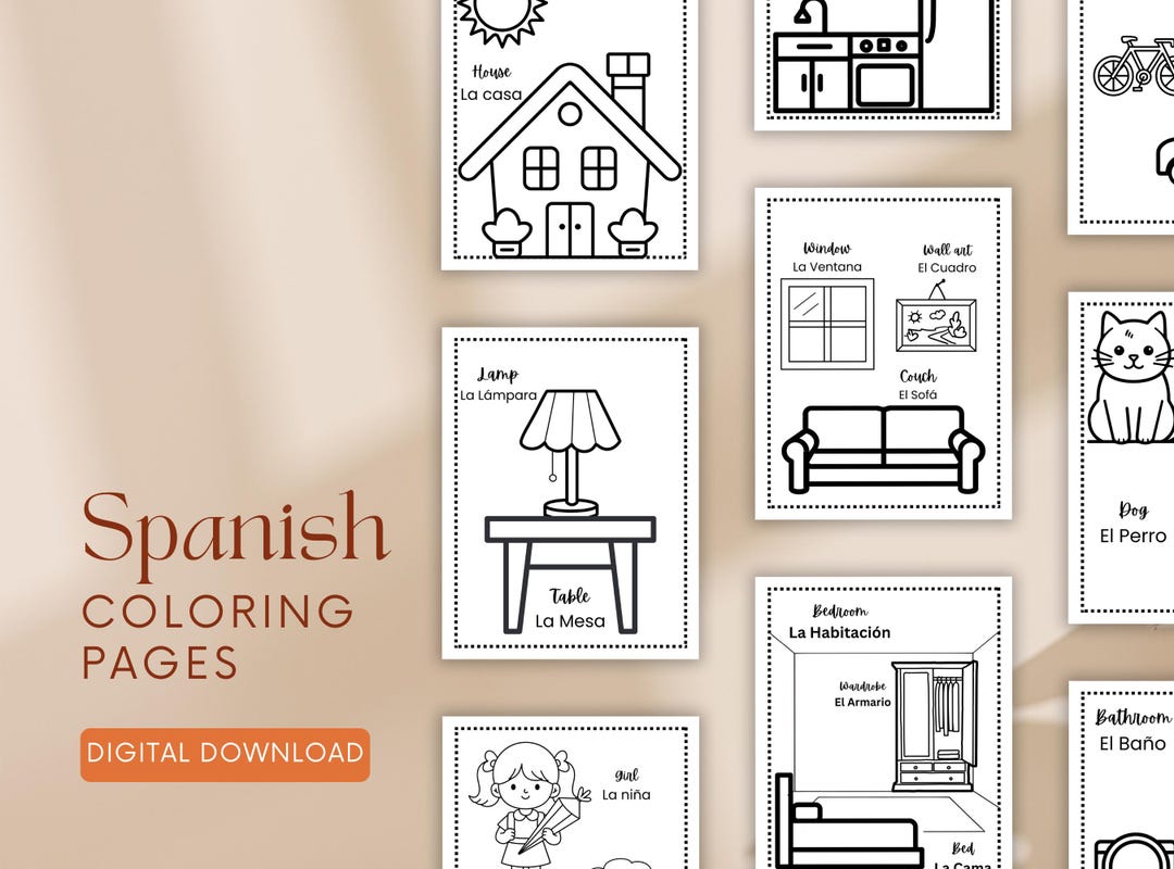 Spanish House Vocabulary Coloring Pages: Bilingual ESL Worksheets ...