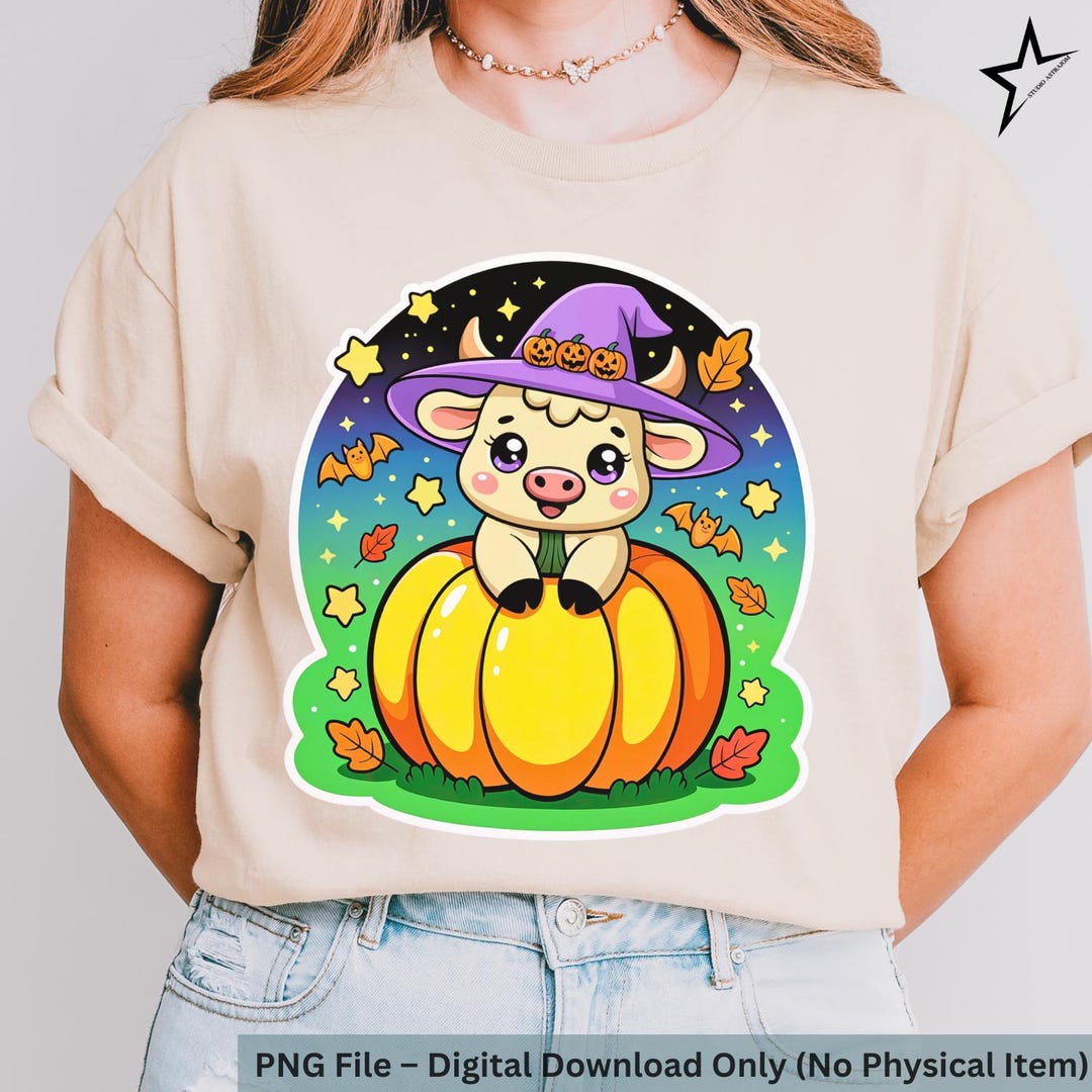 Kawaii Halloween Cow Clipart: Witch Hat Calf on Pumpkin (PNG Digital ...