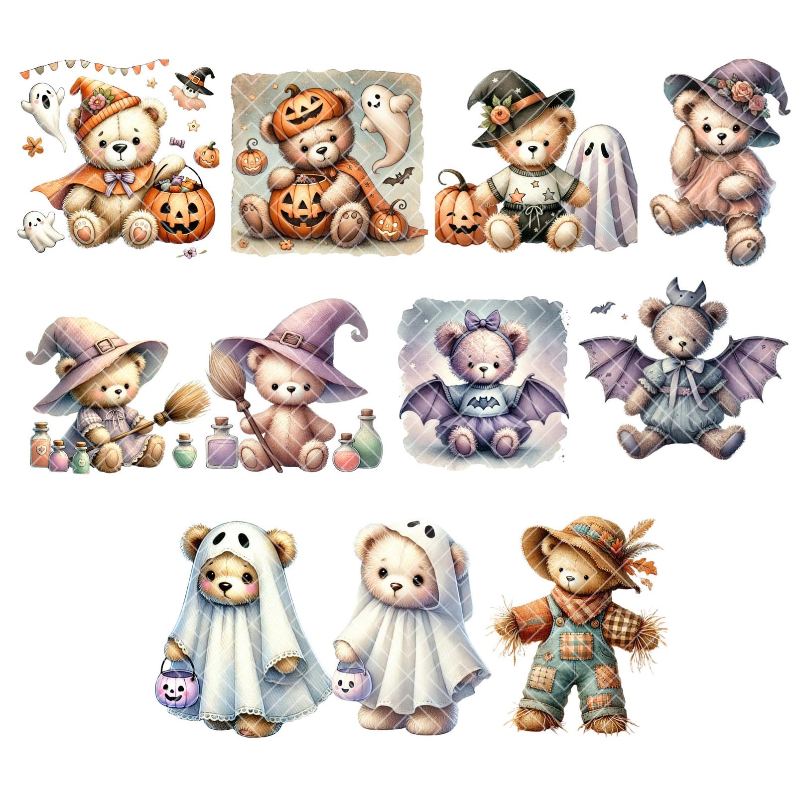 Halloween Teddy Bear Clipart: Watercolor PNG Images (digital Download ...