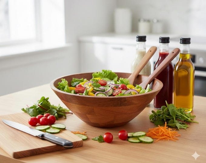 Extra Large Wooden Salad Bowl Set With Fork and Spoon - 12 Inch Bowl ...