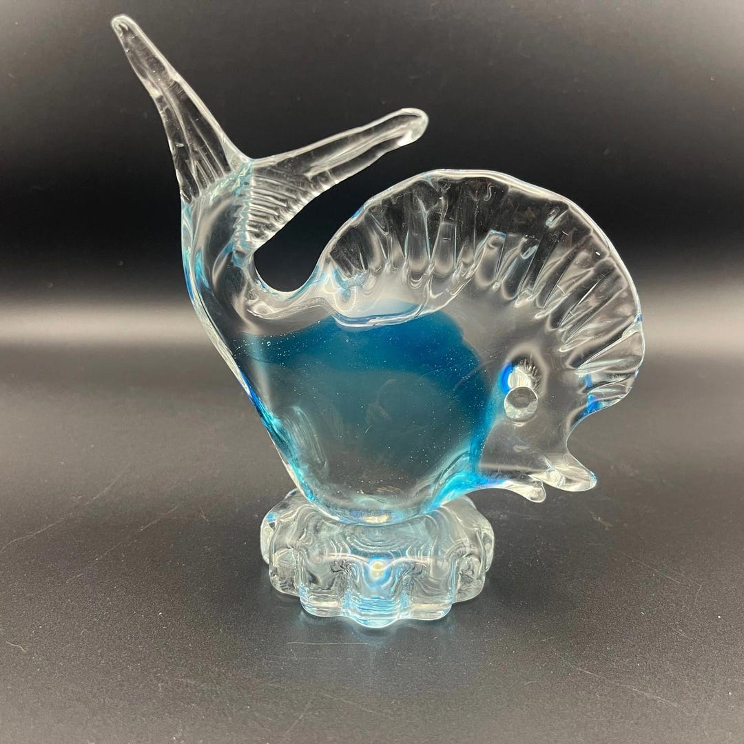 Vintage Hand Blown Blue and Clear Glass Angel Fish Paperweight Figurine ...