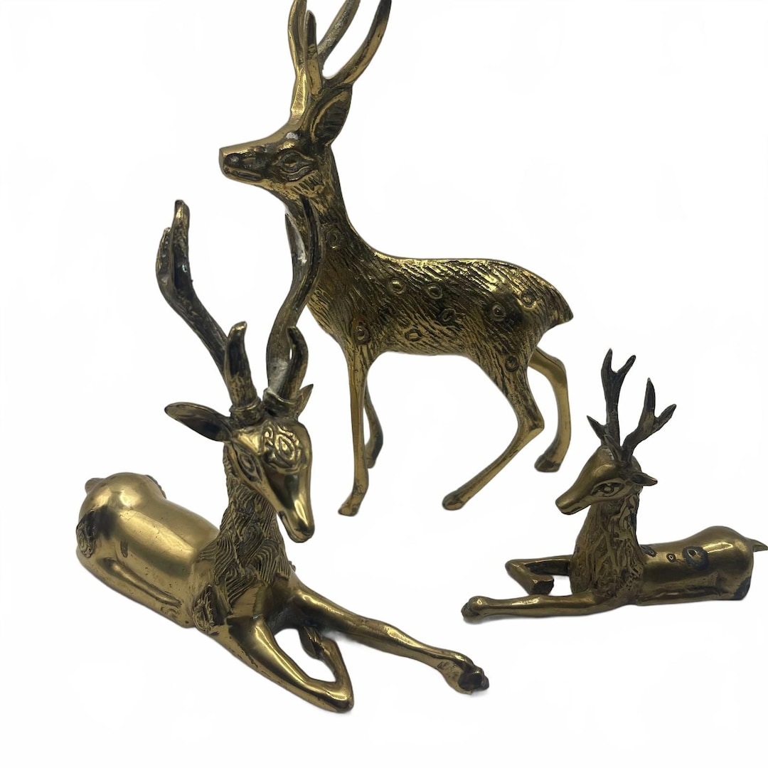 Vintage MCM Solid Brass Spotted Deer Buck and Doe Figurines, Set of 3 ...