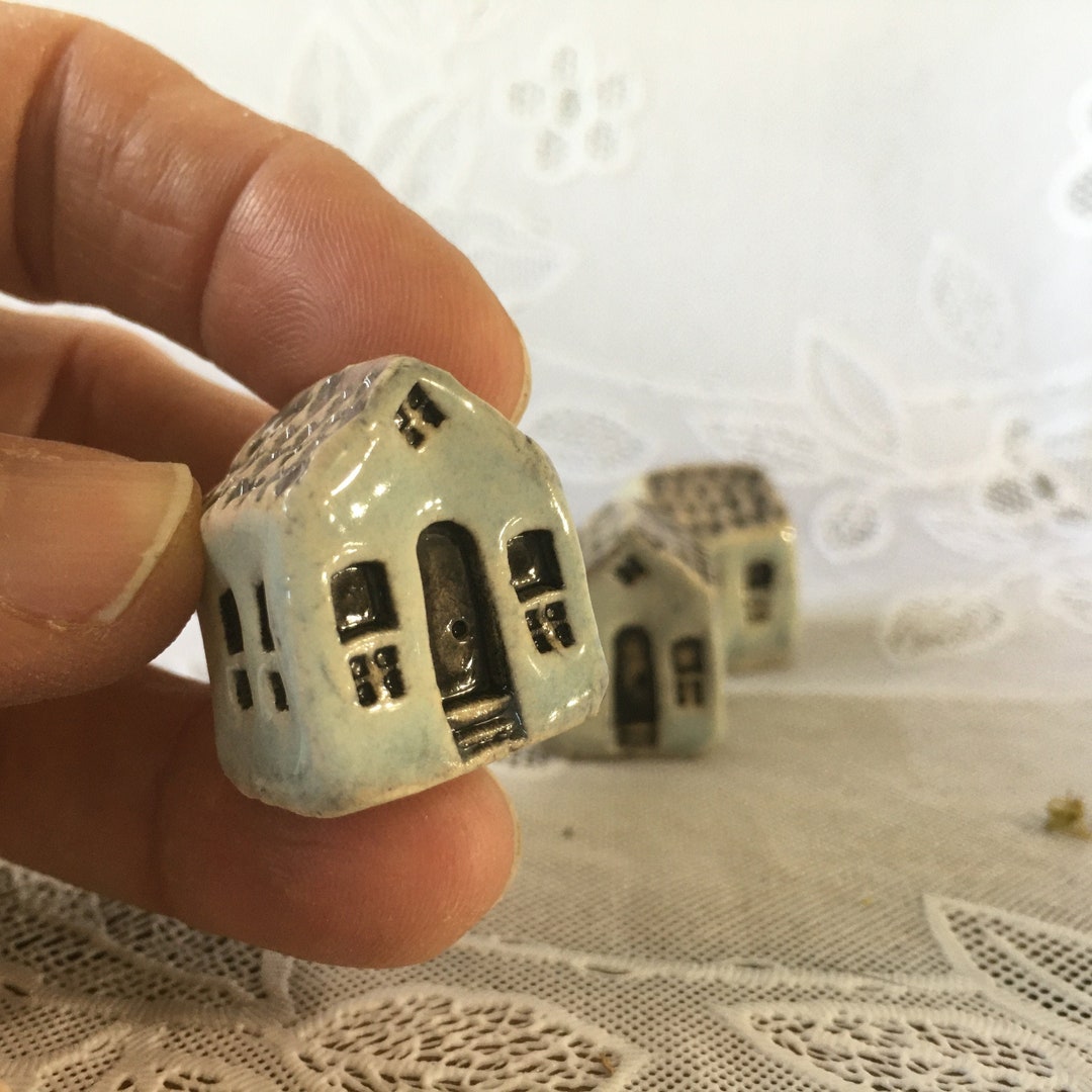 Blue Square #87 Tiny Ceramic House Miniature House Blue House Ceramic ...