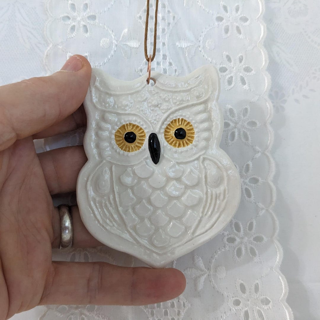 Handmade Ceramic Owl Ornament: White With Yellow Accents - Etsy