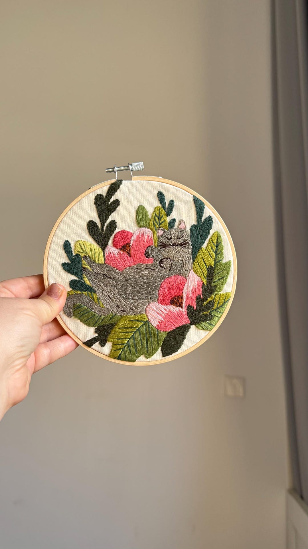 Hand Embroidered Cat With Flowers | Original Textile Art - Etsy
