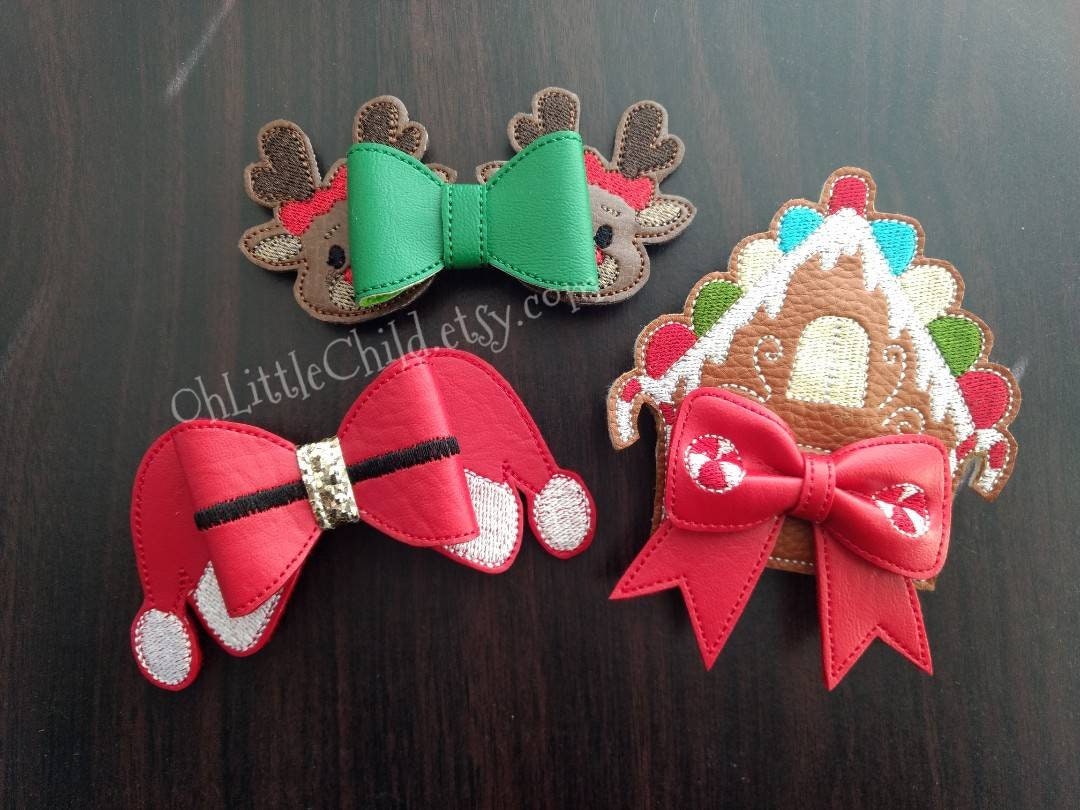 Gingerbread House Santa Hat Reindeer Red Nosed Bow Hair Clip Clippie ...