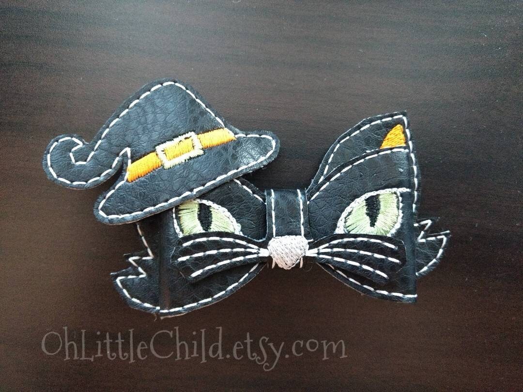 Halloween Black Cat Inspired Bow Hair Clip Embroidered - Etsy