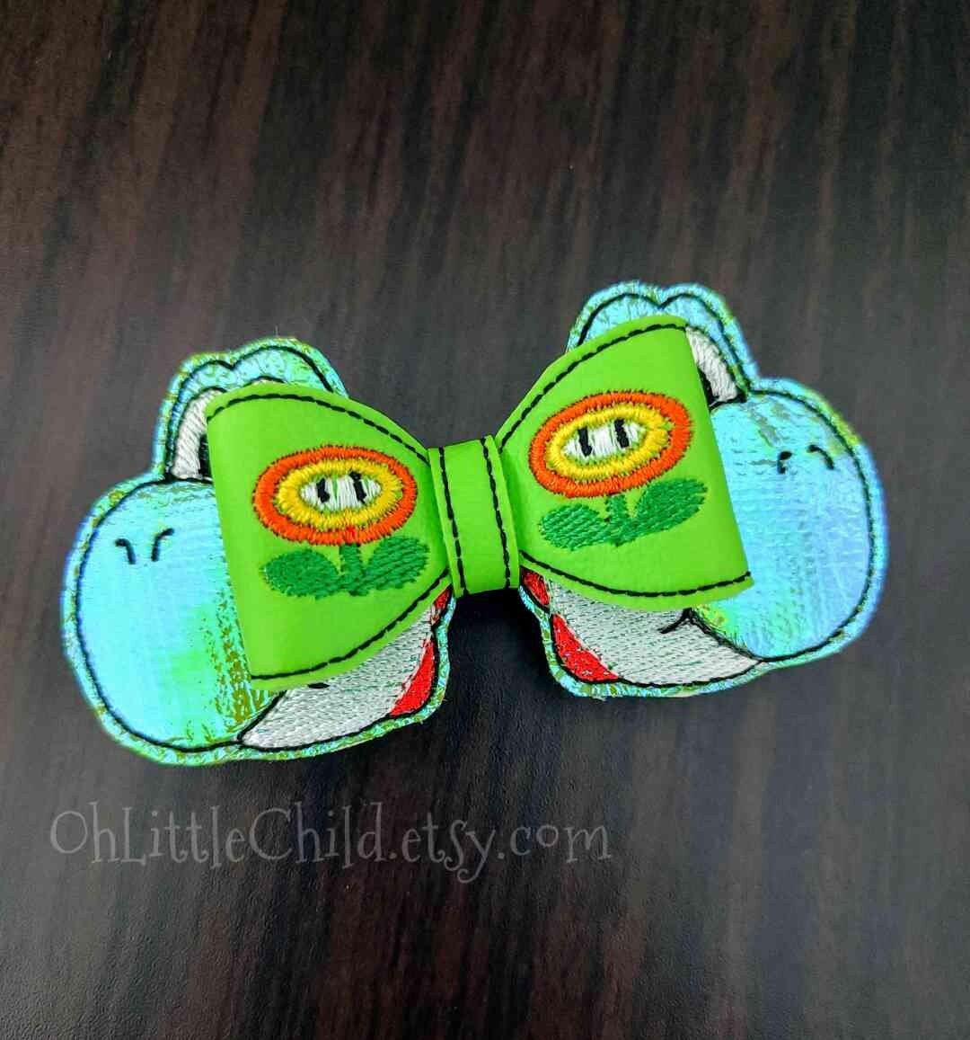 Retro Video Game Hair Bow Green Dinosaur Plumber Brothers Embroidered ...