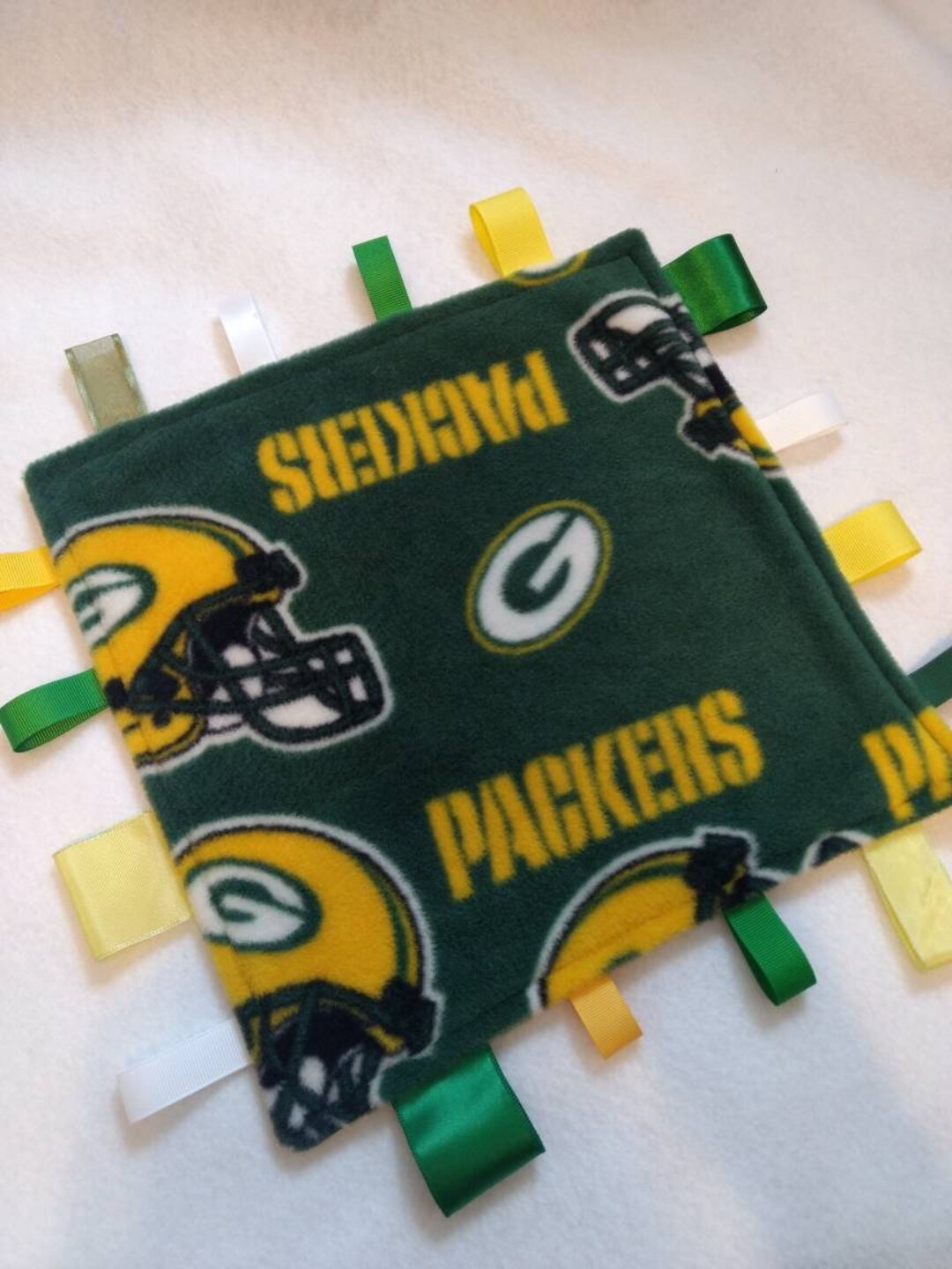 Green Bay Packers Ribbon Tag Blanket Sensory Lovey Chewy Security Baby ...