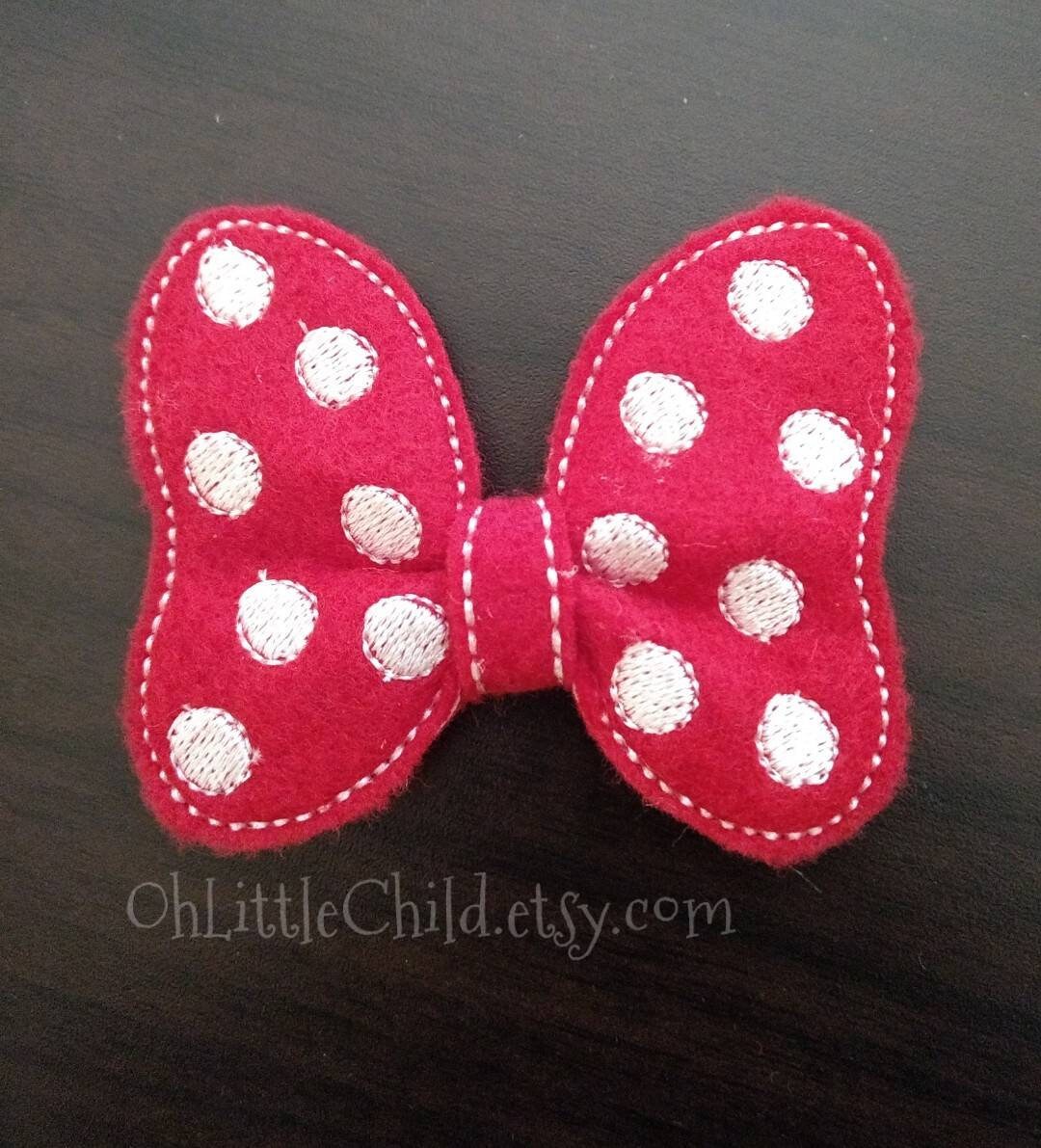 Girl Mouse Inspired Bow Feltie Embroidered Hair Bow Clip Pink Red Polka ...