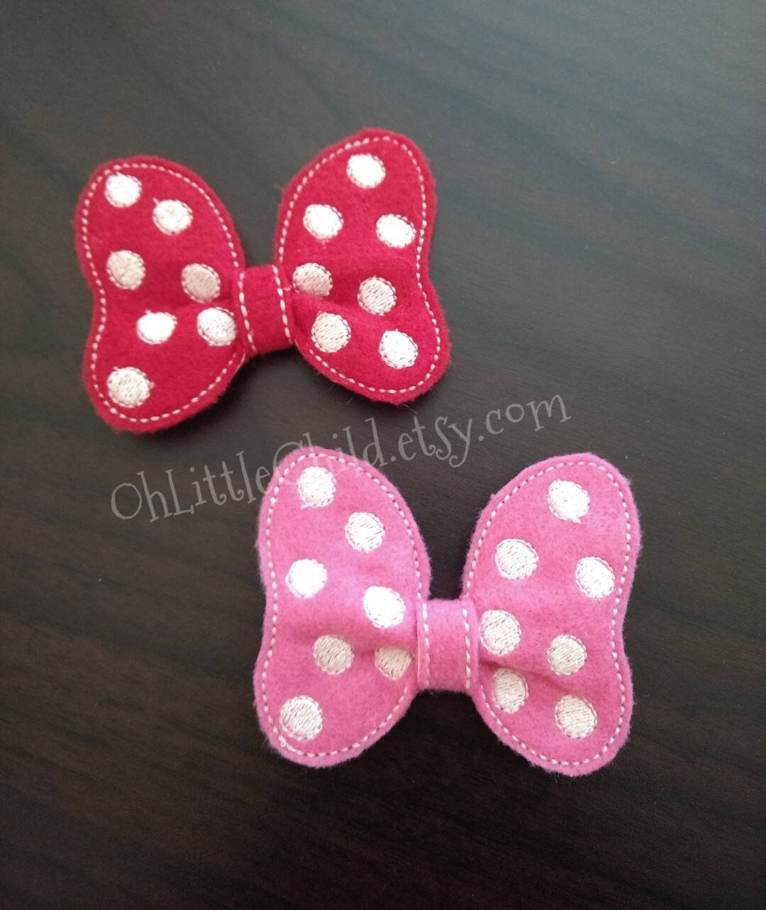 Girl Mouse Inspired Bow Feltie Embroidered Hair Bow Clip Pink Red Polka ...