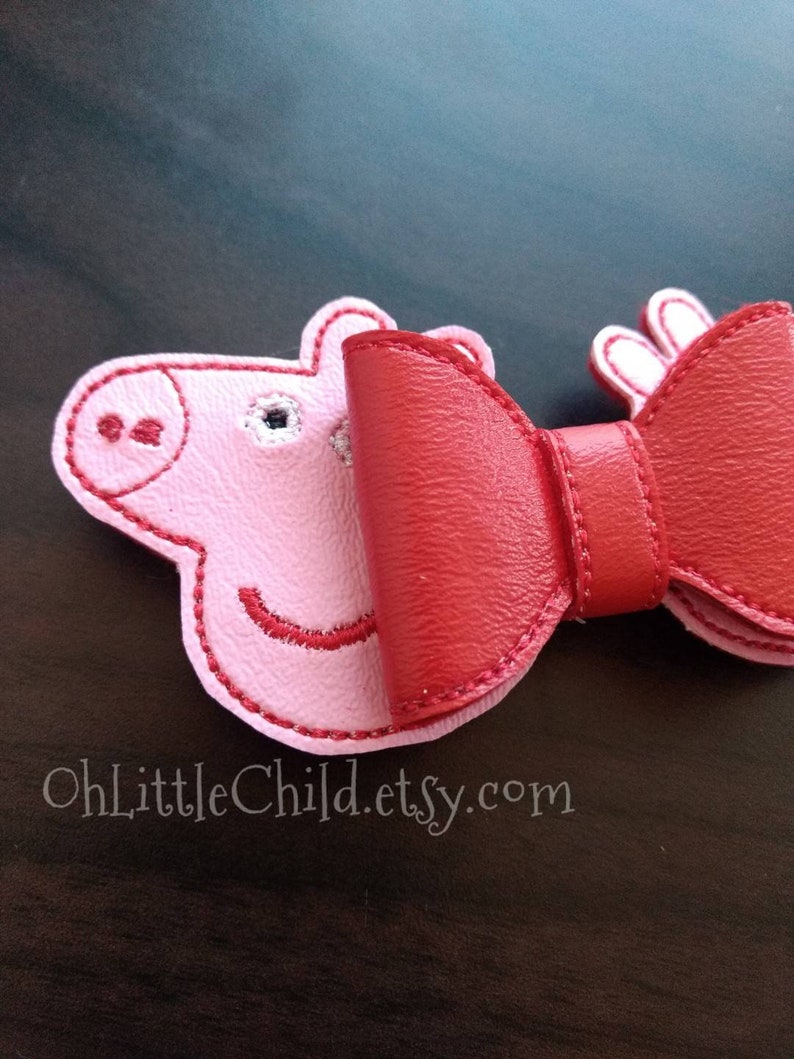 Pink Peppa pig inspired hair clip embroidered hair bow | Etsy