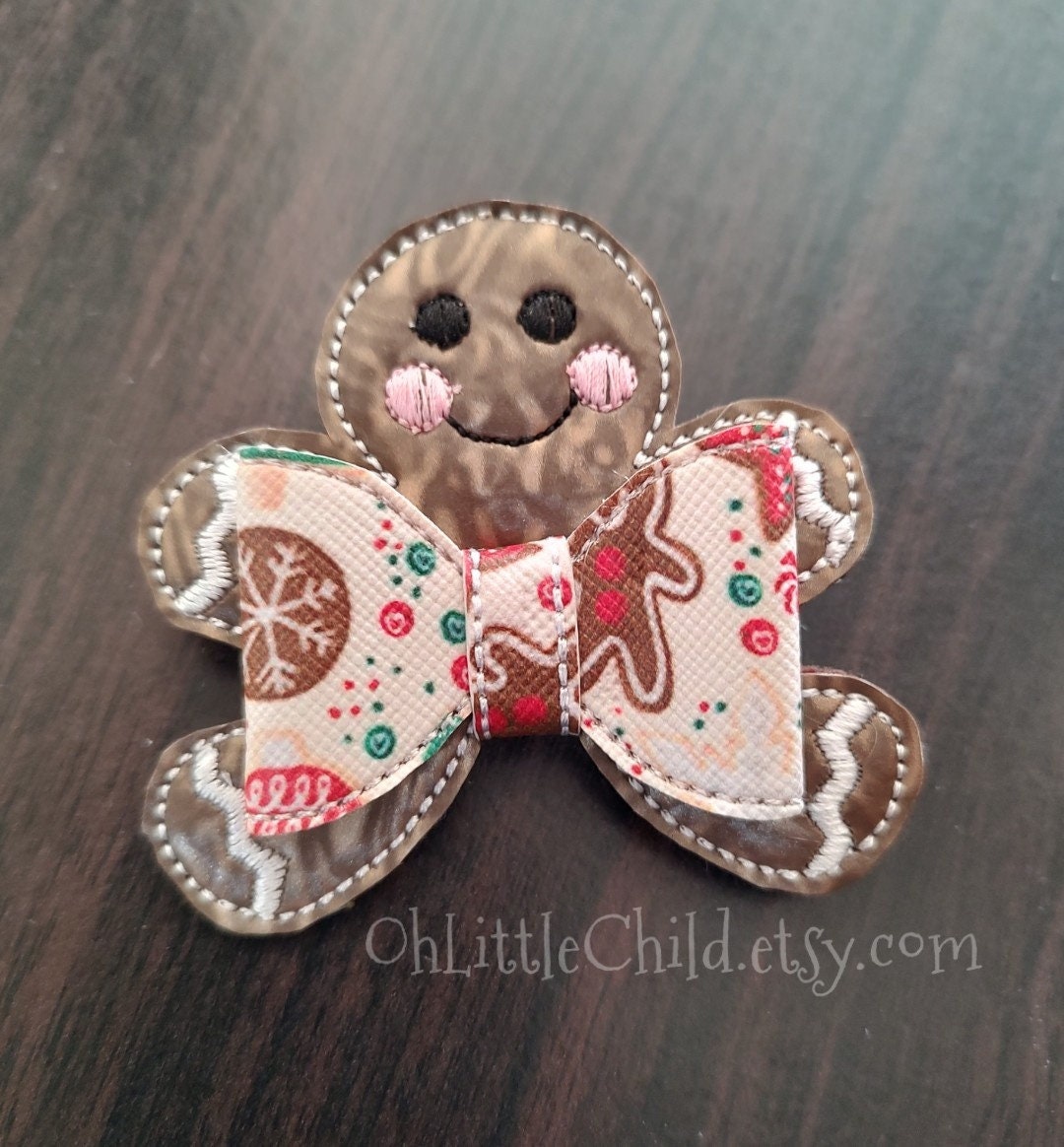 Christmas Hair Bow Gingerbread Cookie Bow Hair Clip Embroidered - Etsy