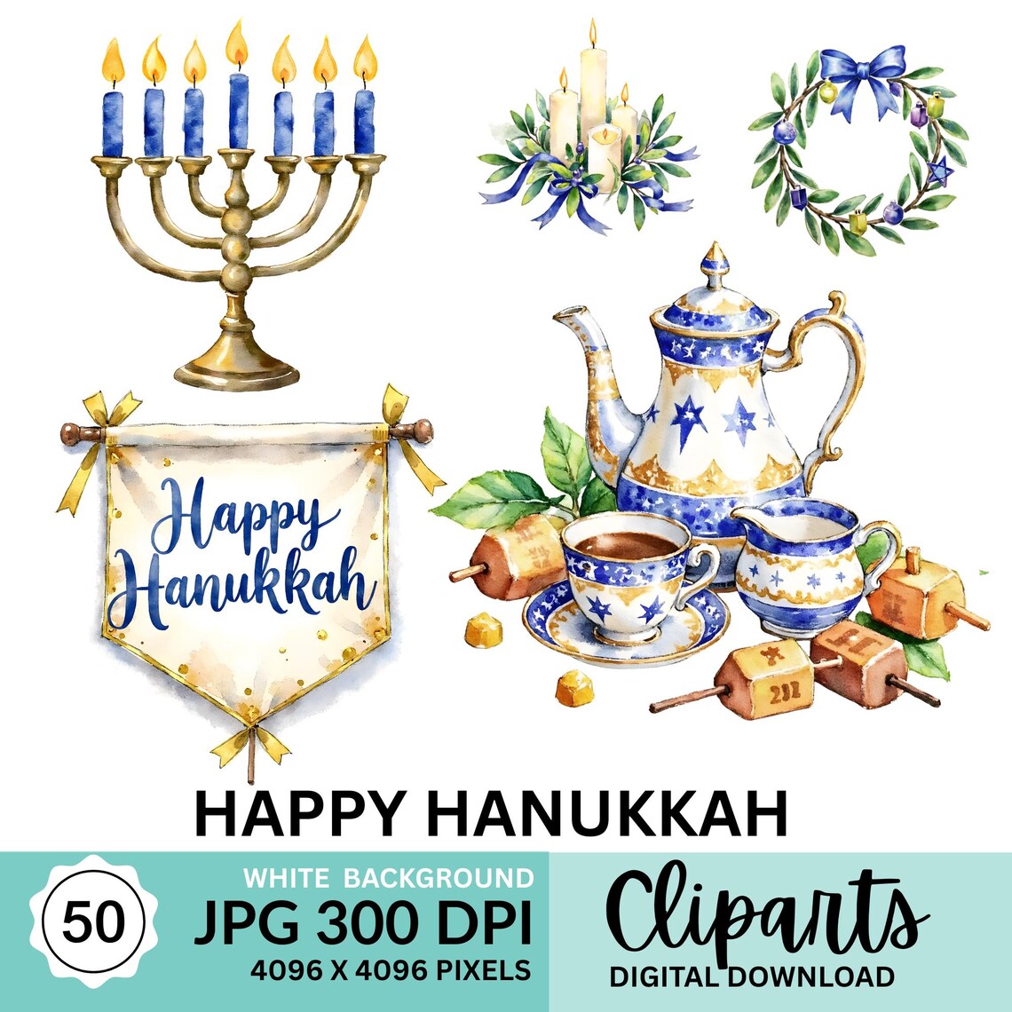 Hanukkah Watercolor Clipart | Menorah, Dreidel (digital Download) - Etsy