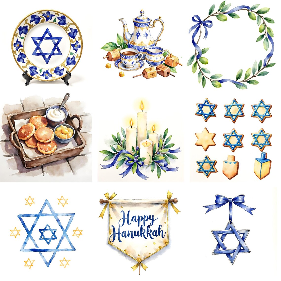 Hanukkah Watercolor Clipart | Menorah, Dreidel (digital Download) - Etsy