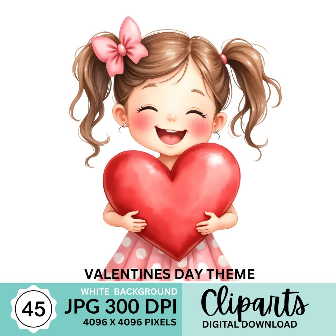 Valentine Girl Clipart Bundle, Pink Cartoon Hearts (45 JPG, Digital ...