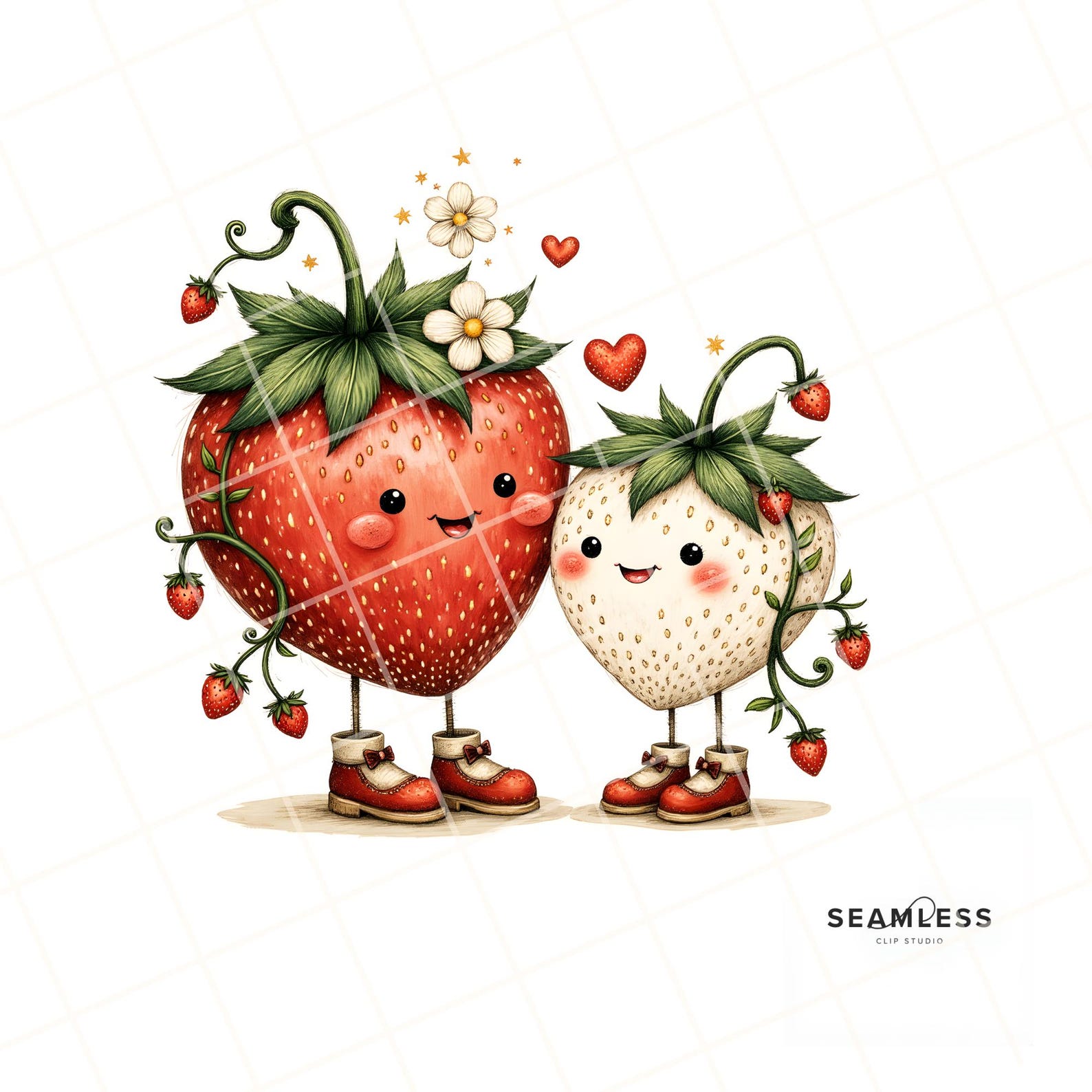 Cute Strawberry Couple Clipart | Watercolor Fruit Characters | Romantic ...