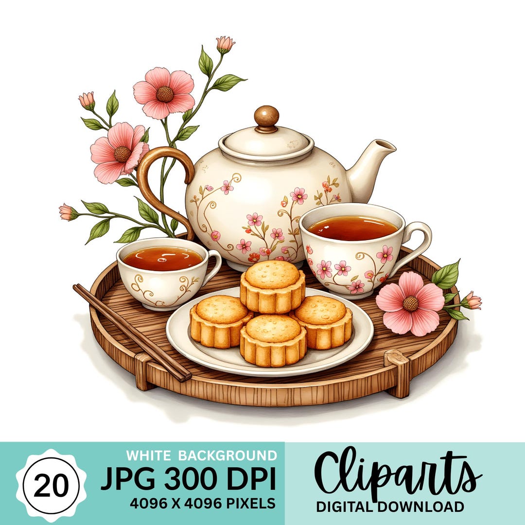Chinese Tea Set Clipart Bundle | Watercolor Mooncake & Teapot JPG ...