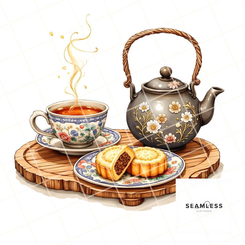 Chinese Tea Set Clipart Bundle | Watercolor Mooncake & Teapot JPG ...