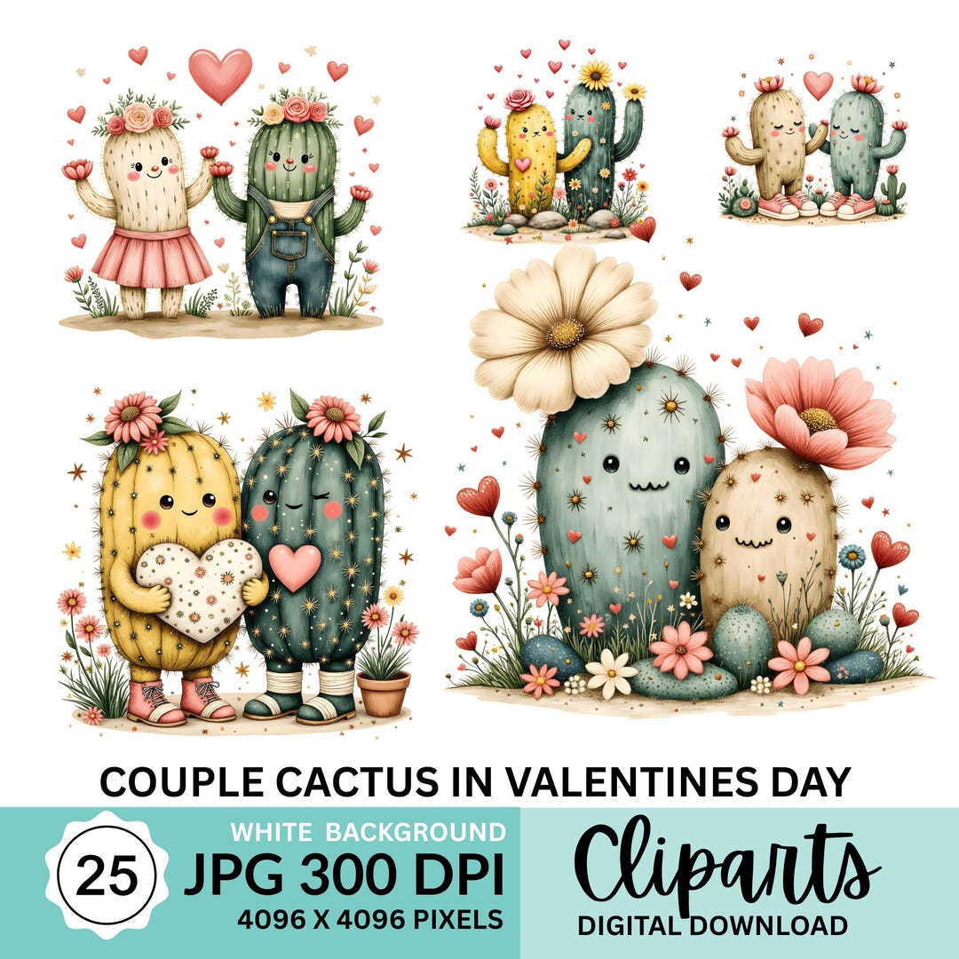 Valentine Cactus Couple Clipart | Cute Succulent Love Digital Download ...