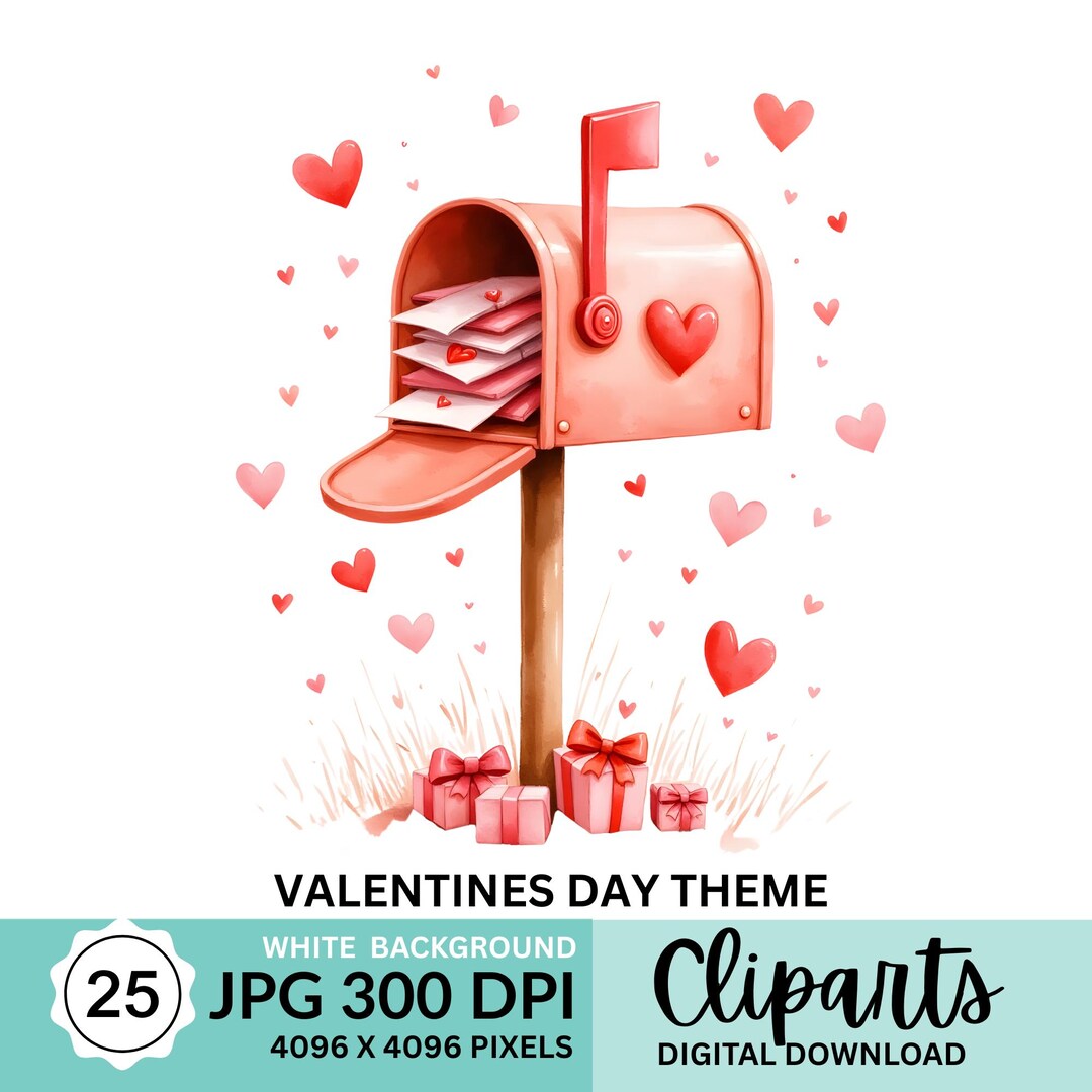 Valentines Mailbox Clipart Bundle, Pink Heart, Love Letter (JPG Digital ...