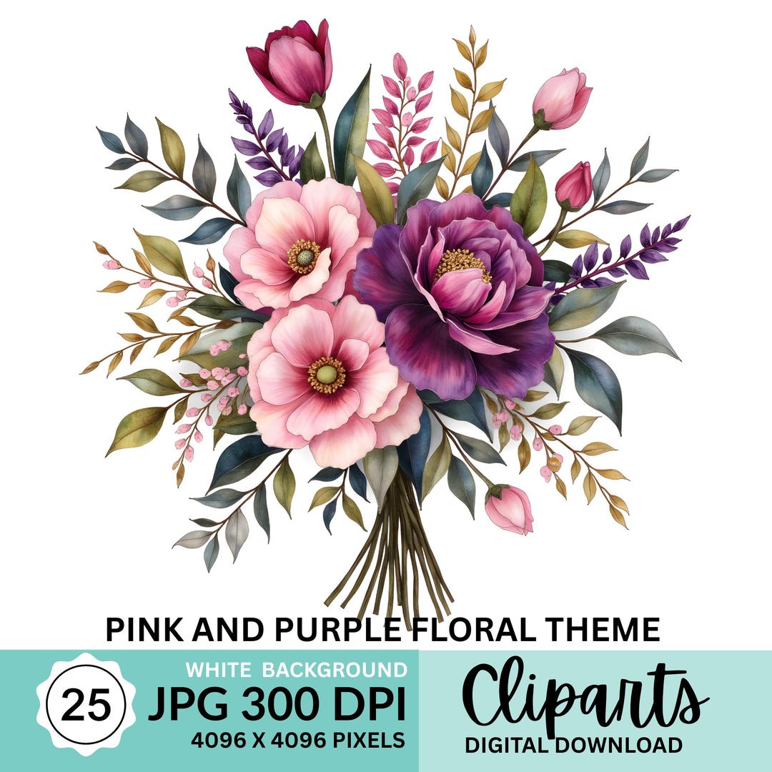 Pink & Purple Floral Clipart Bundle | Watercolor Flower JPG | Digital ...
