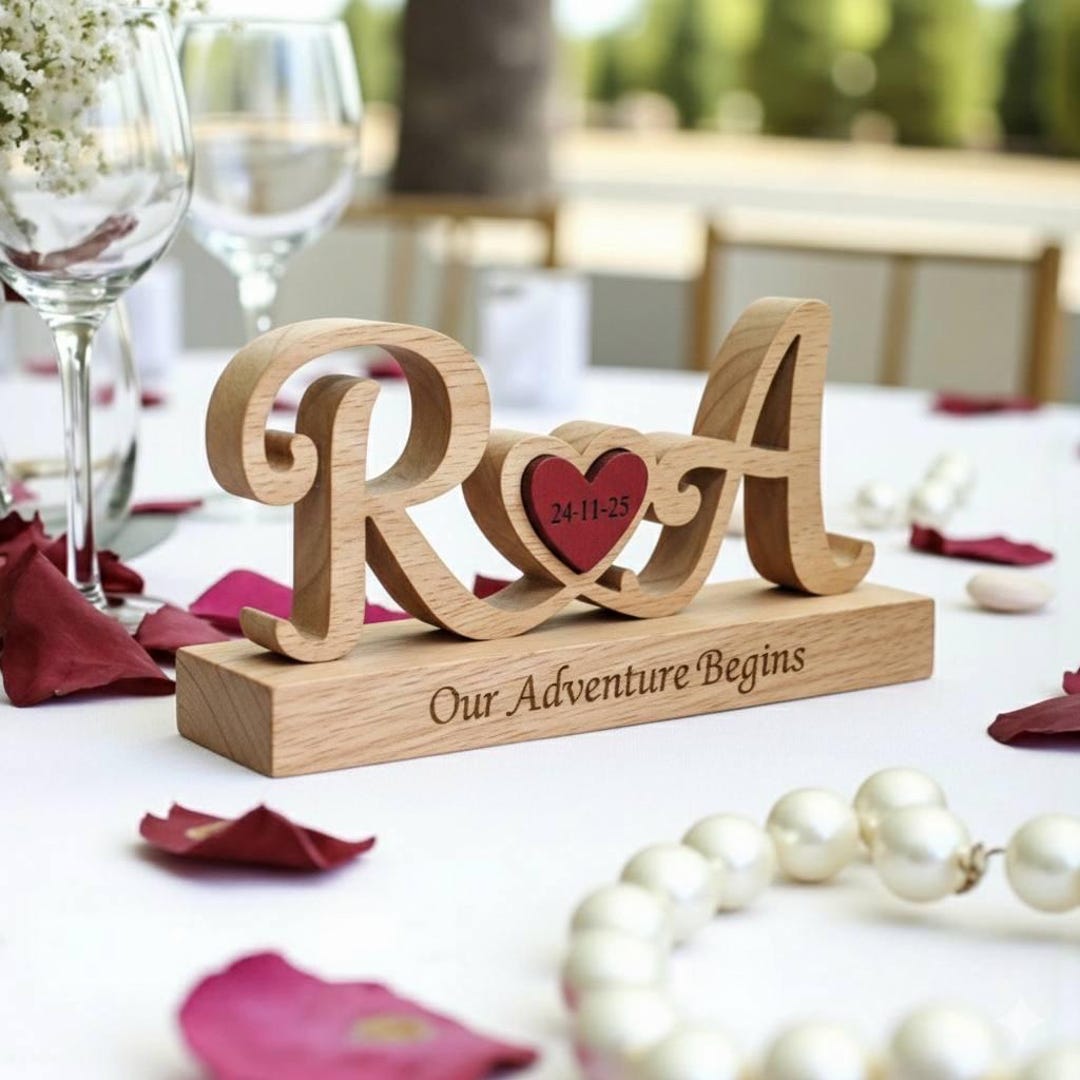 Personalized Teak Wood Couple Initials Sign | Engraved Heart, Date - Etsy
