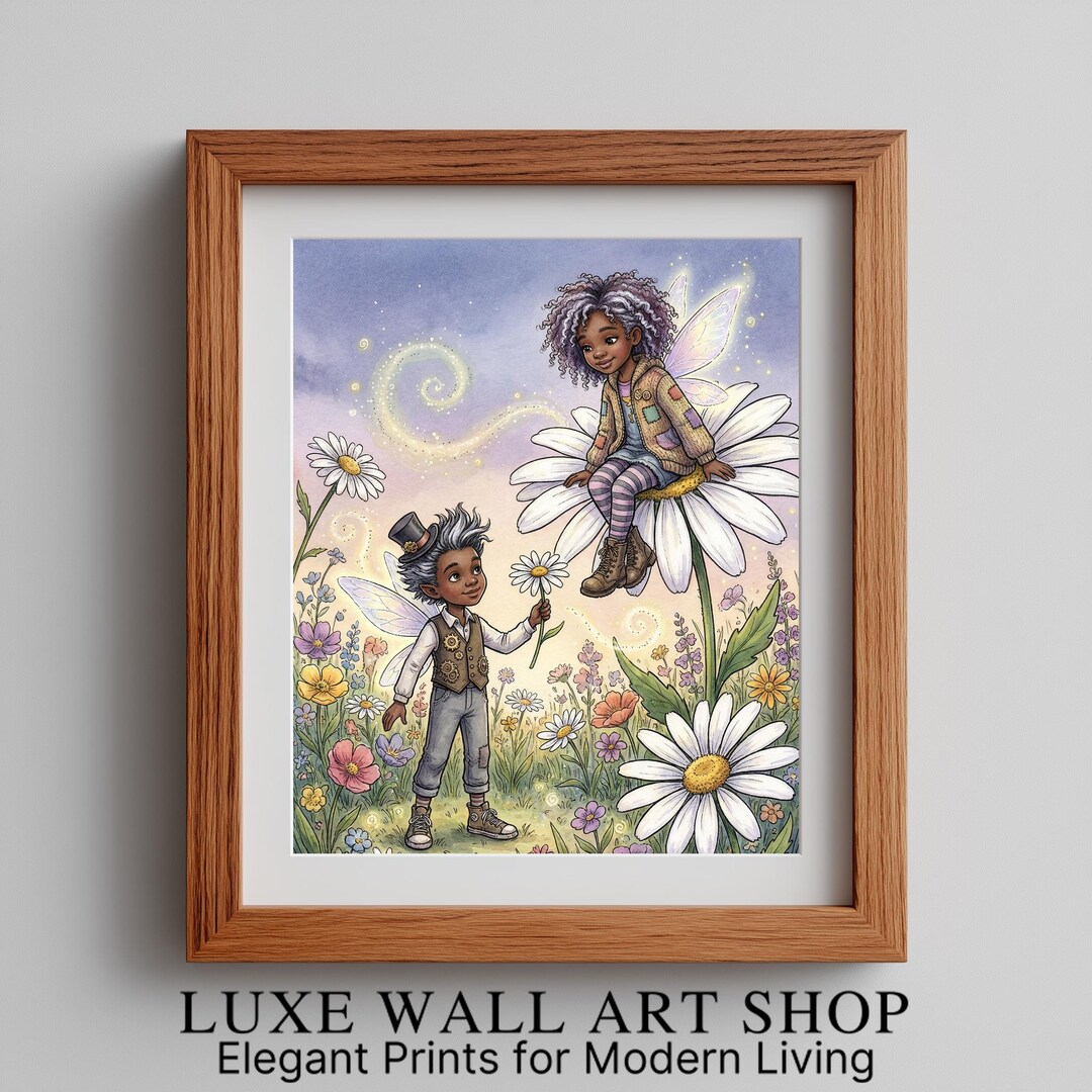 Cottagecore Fairy Children on Daisy - Cute Fantasy Watercolor Style Art ...