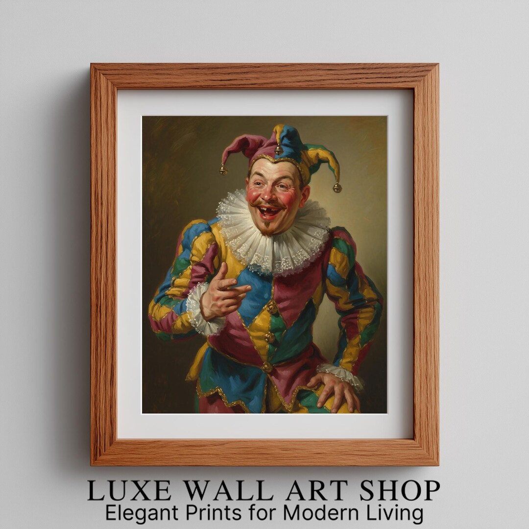 Vintage Jester Clown Portrait - Playful Antique Painting With Patchwork ...