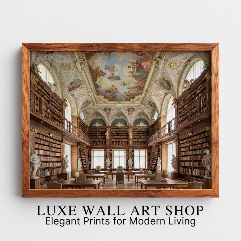 Vintage Grand Baroque Library Interior, Ornate Historic Reading Hall ...