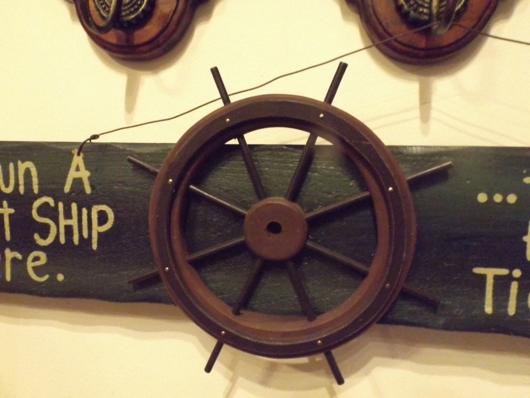Hand Carved Wooden Nautical Plaque With Wooden Steering Wheel 32" Long ...