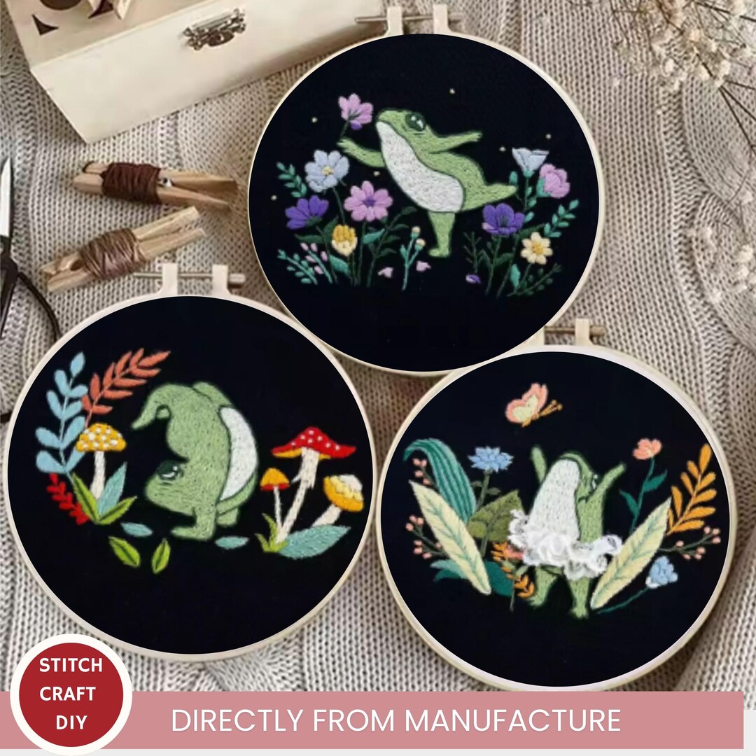 Kawaii Embroidery Frog Pattern Kits, Cute Dancing Frog Embroidery ...