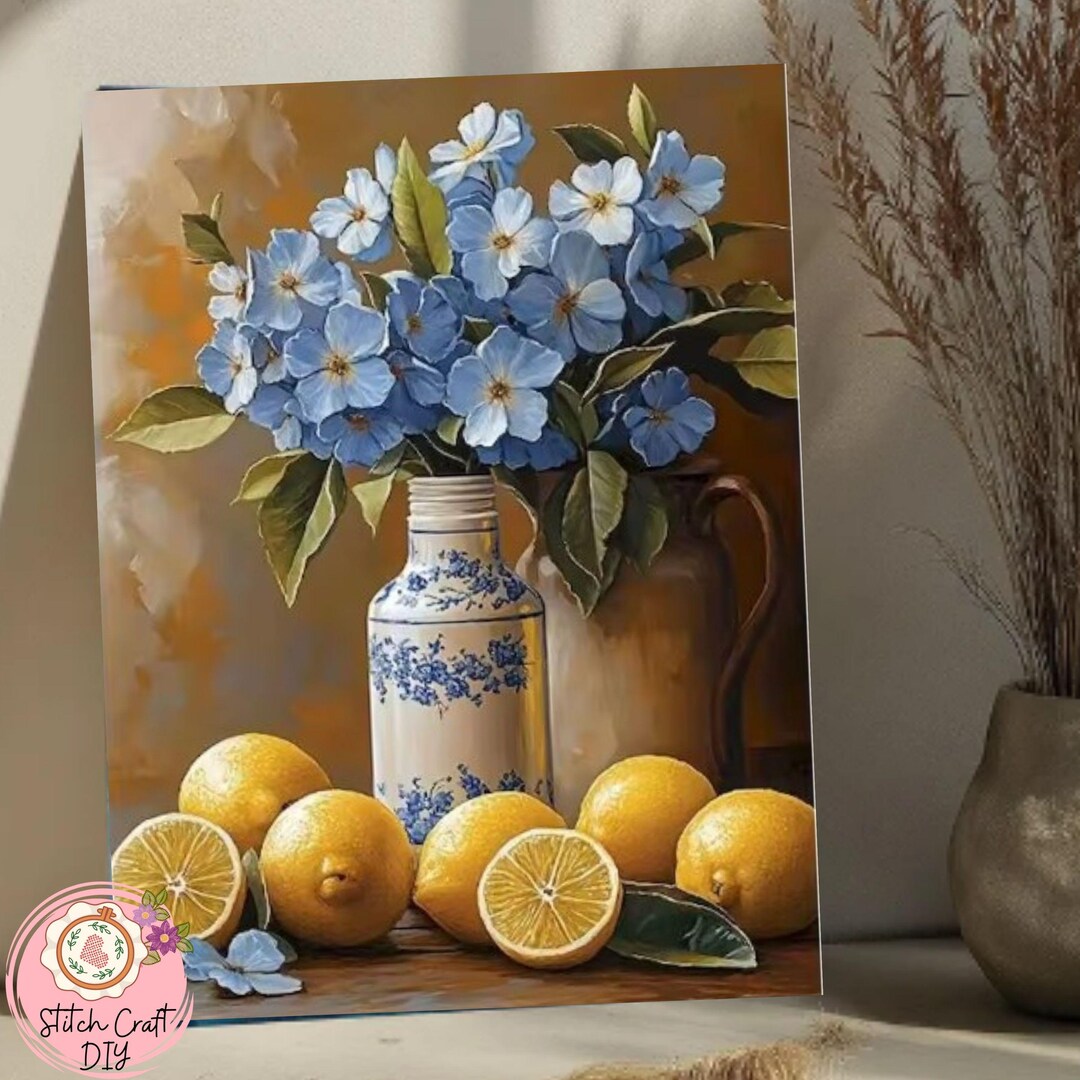 Blue Flowers and Lemons Paint by Numbers Kit, Lemon and Blue Floral ...
