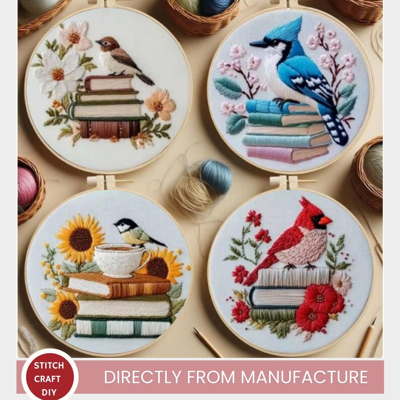 Books and the Bird Series Design Embroidery Kits, Bird Flower Cross ...