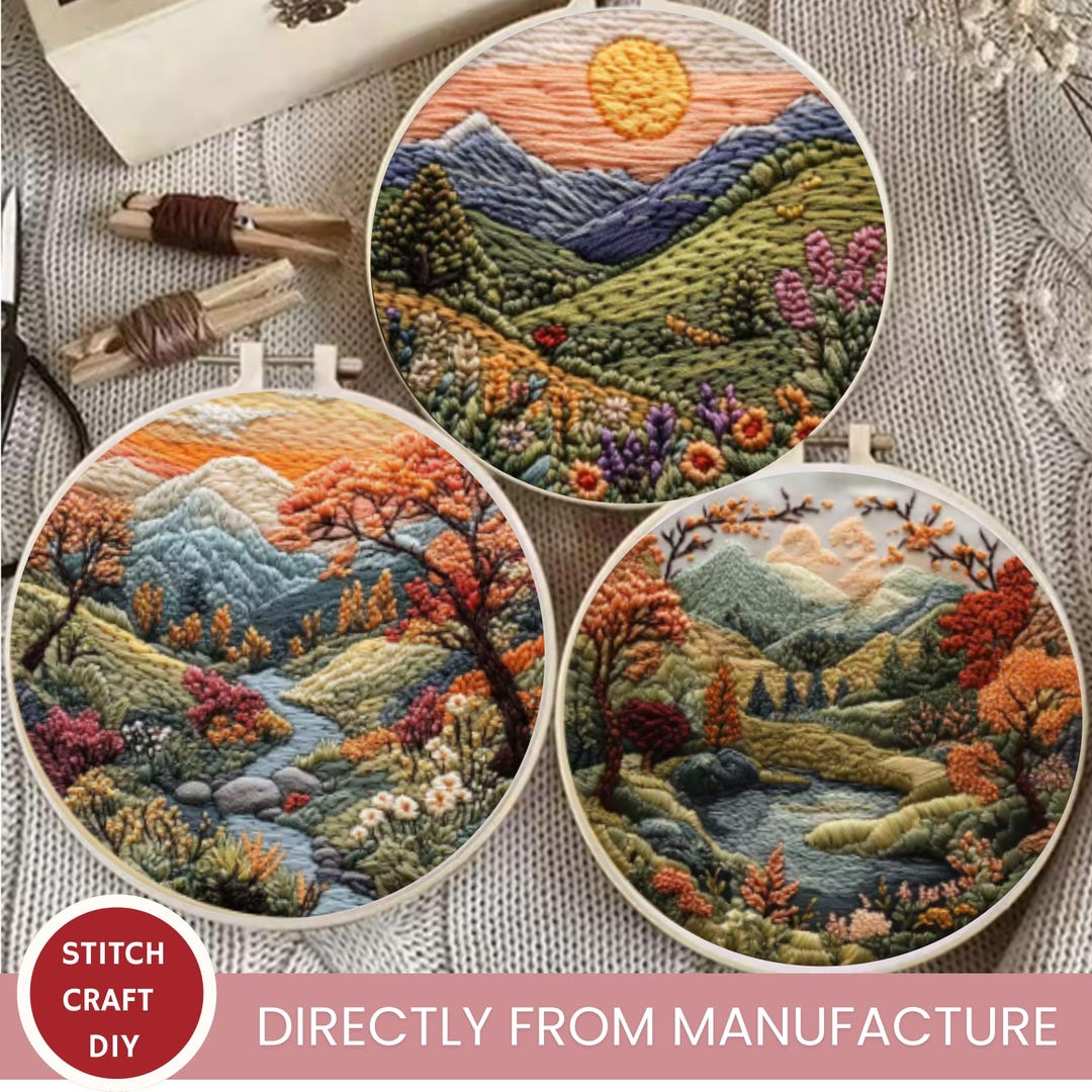 Easy Embroidery Scenery Starter Kit Nature Mountain, River Pattern ...