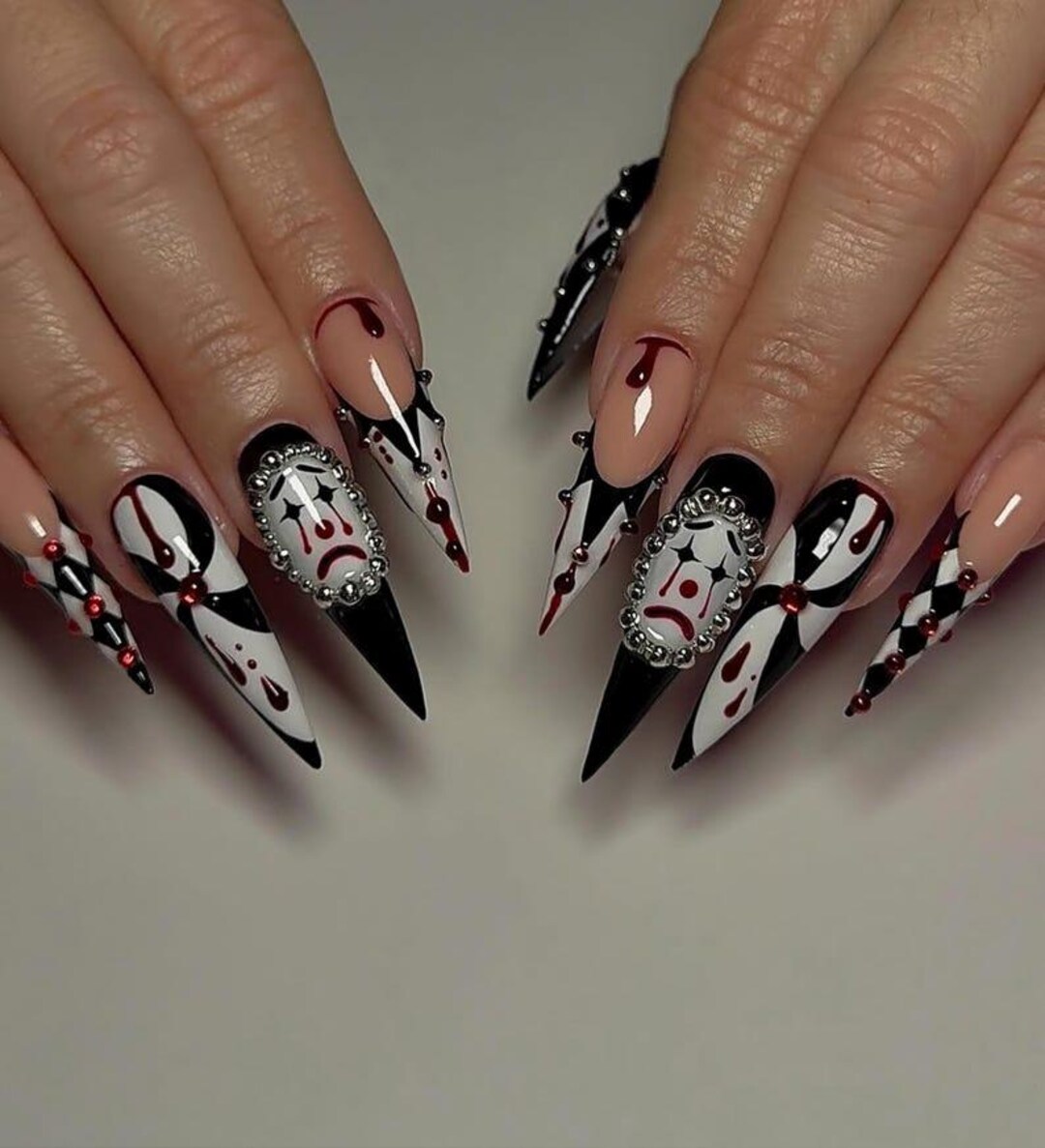 Harlequin Gothic Stiletto Press on Nails | Creepy Clown Nail Art ...